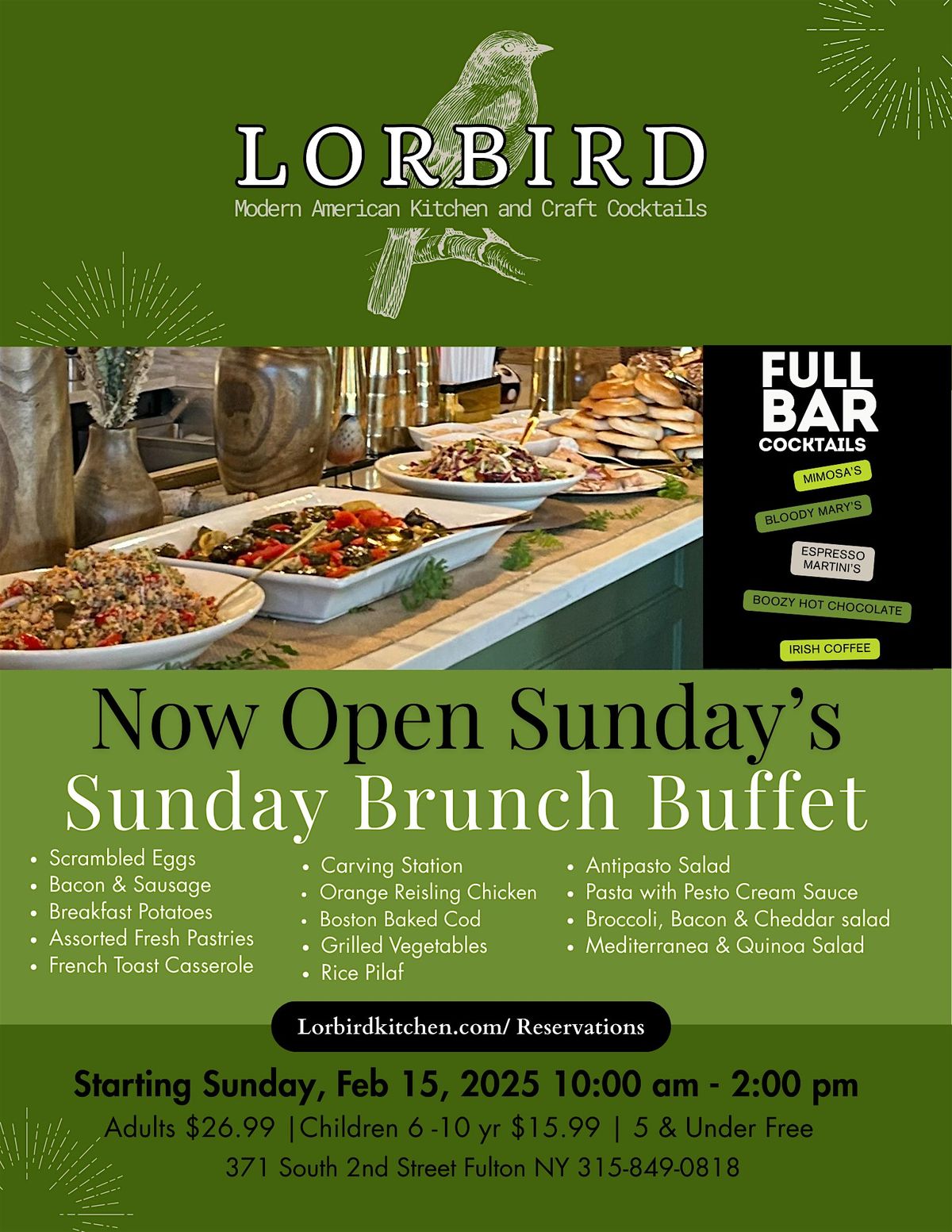 Now Open Sundays for Sunday Brunch at LORBIRD, Fulton on 15th February ...