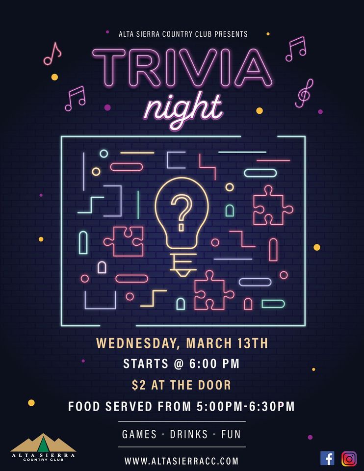 Trivia Night at Alta Sierra Country Club, Grass Valley on 13th March, 2024