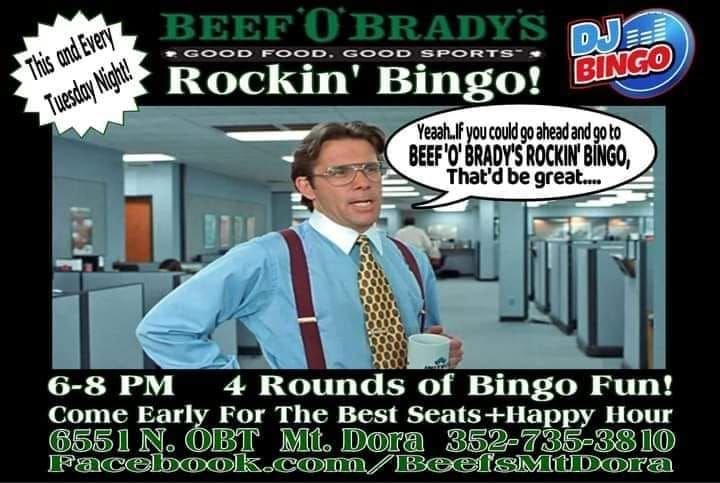 ROCKIN BINGO at Beef O Bradys Mount Dora | Beef 'O' Brady's Mount Dora ...