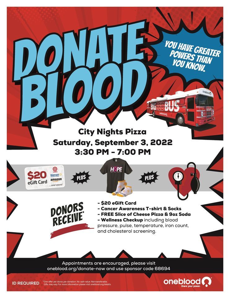 Donate Blood With OneBlood at City Nights Pizza | City Nights Pizza ...