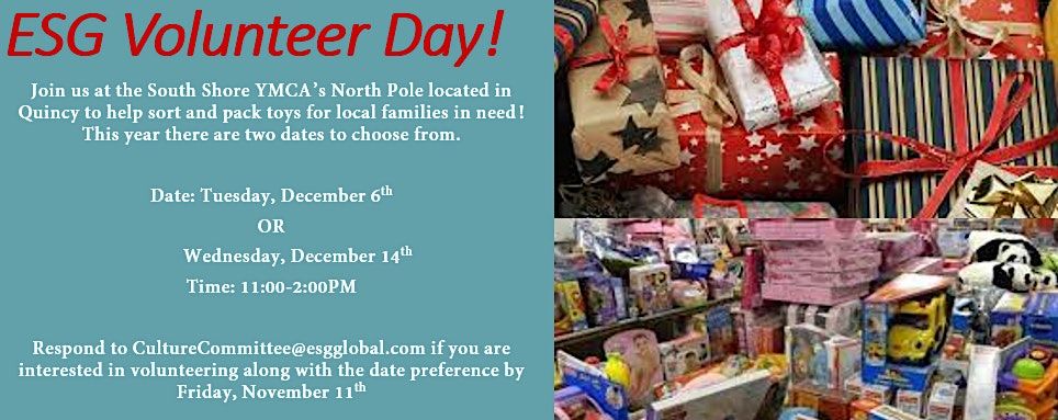 ESG Norwell Volunteer Day - 12/14 | South Shore YMCA Quincy | December ...