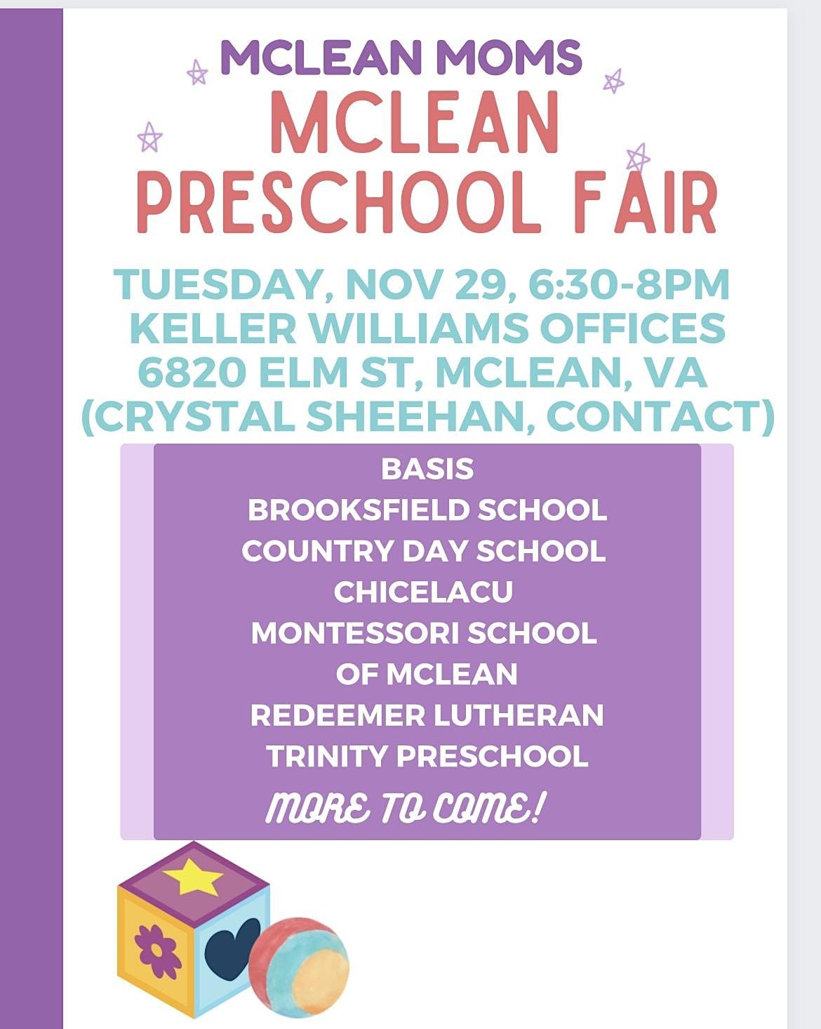 McLean MOMS Preschool Fair! at Keller Williams Offices (Contact Crystal ...