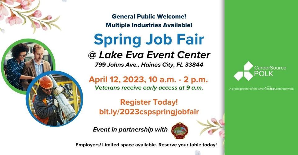 2023 Spring Job Fair (45+ Employers!) | Lake Eva Event Center, Haines City, FL | April 12, 2023