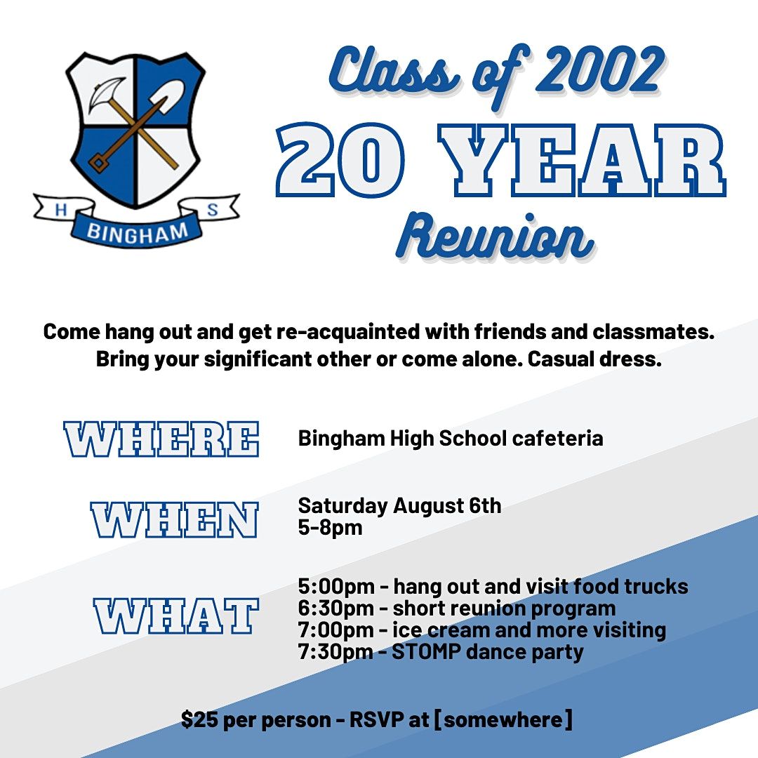 20 Year Reunion - BHS Class of 2002 at Bingham High School, South ...