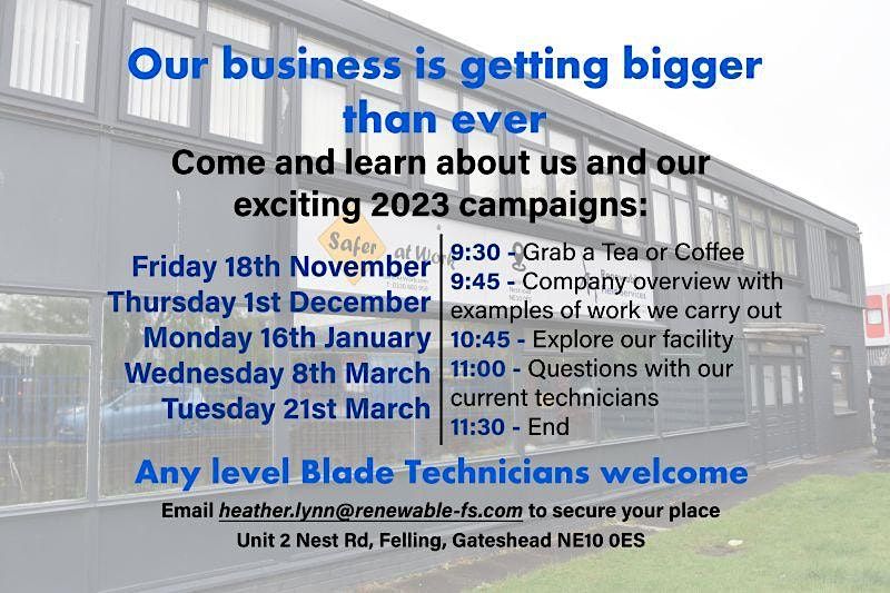 Open Day Blade Technicians for 2023 season- 1st December 2022 at 1-2 ...