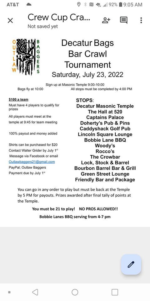 Decatur Bags Bar Crawl | Decatur Masonic Temple | July 23, 2022