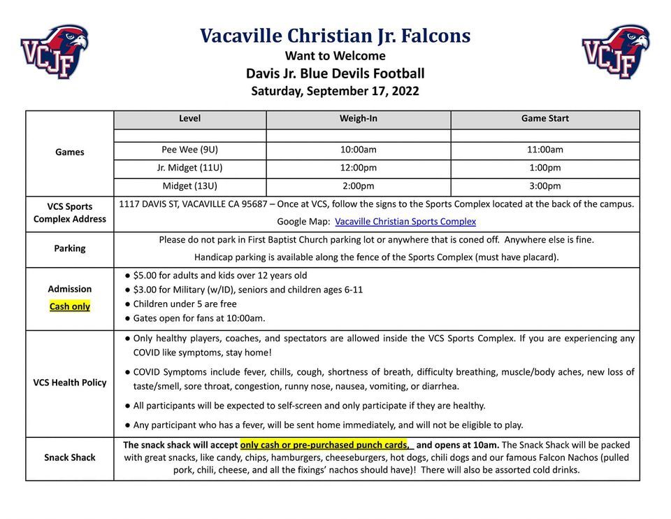 Vaca Christian Jr Falcons vs. Davis Jr. Bears at Vacaville Christian ...