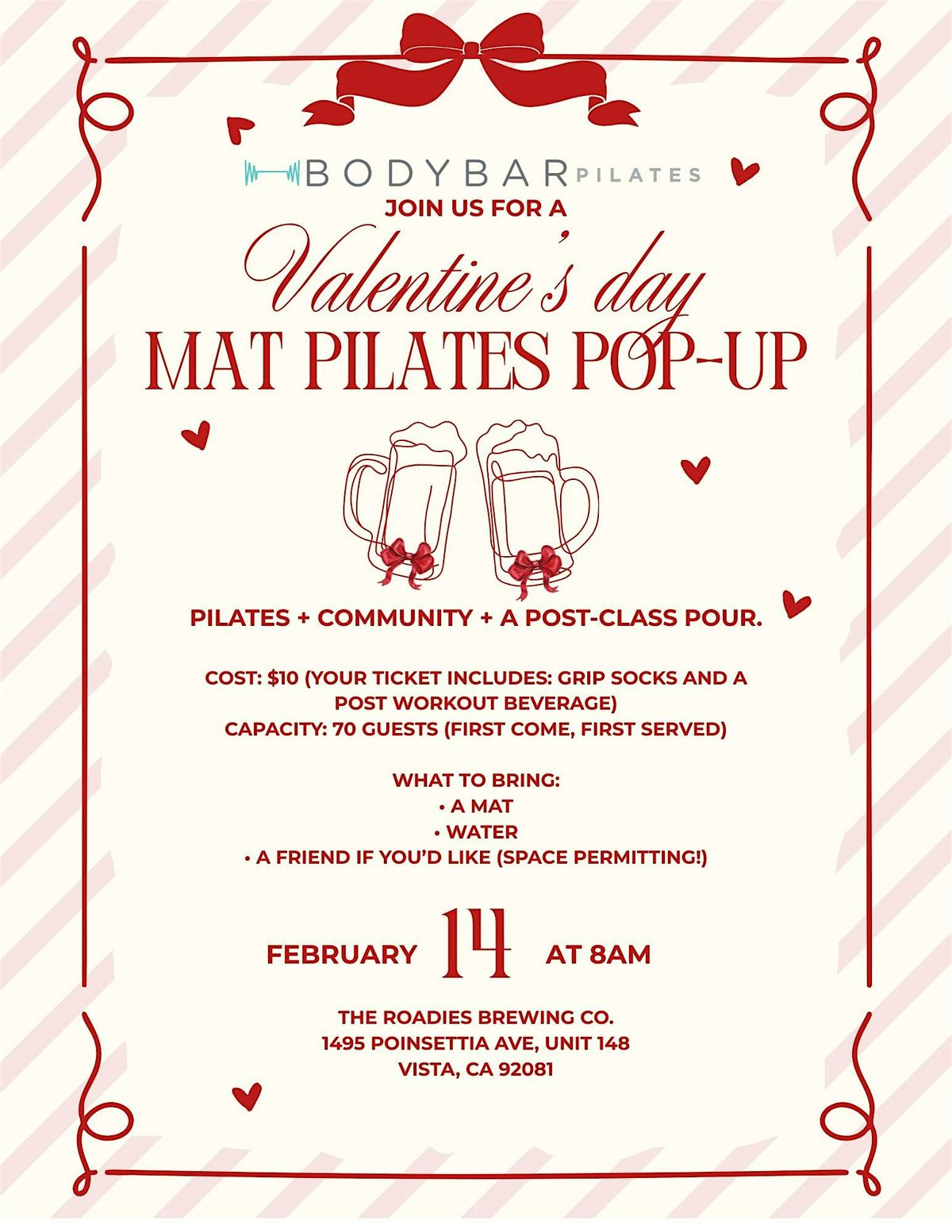 Bodybar Vista Valentines Mat Pilates Class at Roadies Brewery at The ...