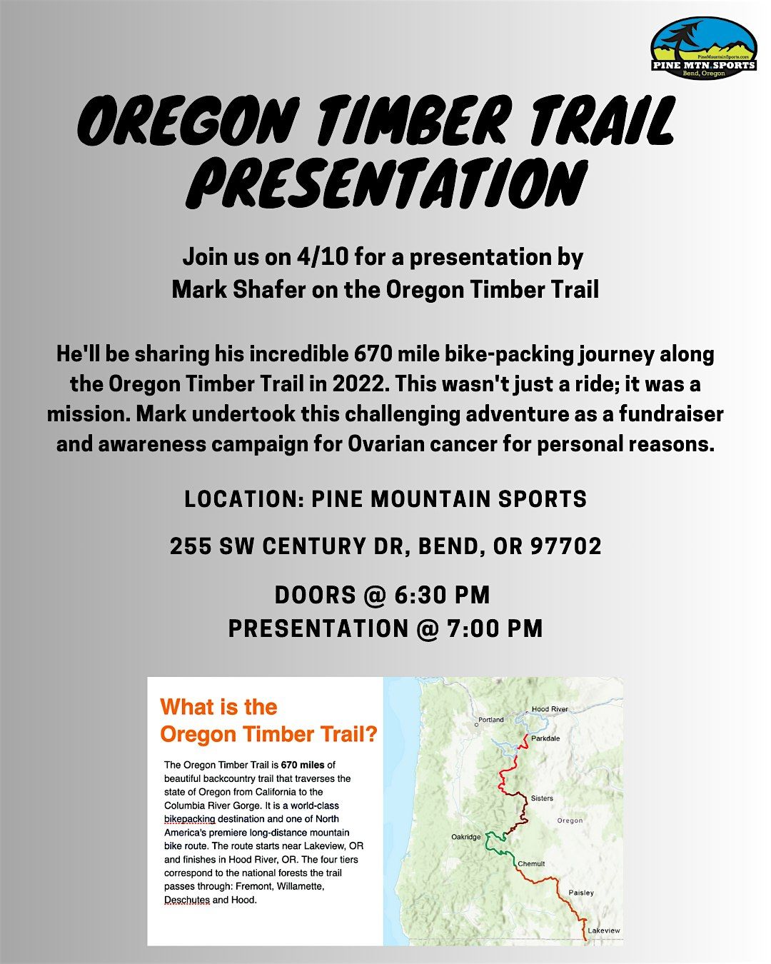 Oregon Timber Trail Presentation | Pine Mountain Sports, Bend, OR ...