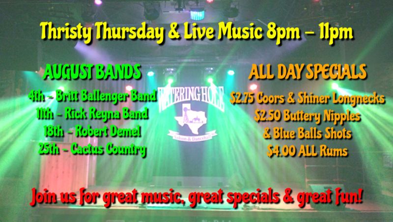 Thirsty Thursday August Bands at Watering Hole Saloon, NB | Watering Hole Saloon & Dancehall ...