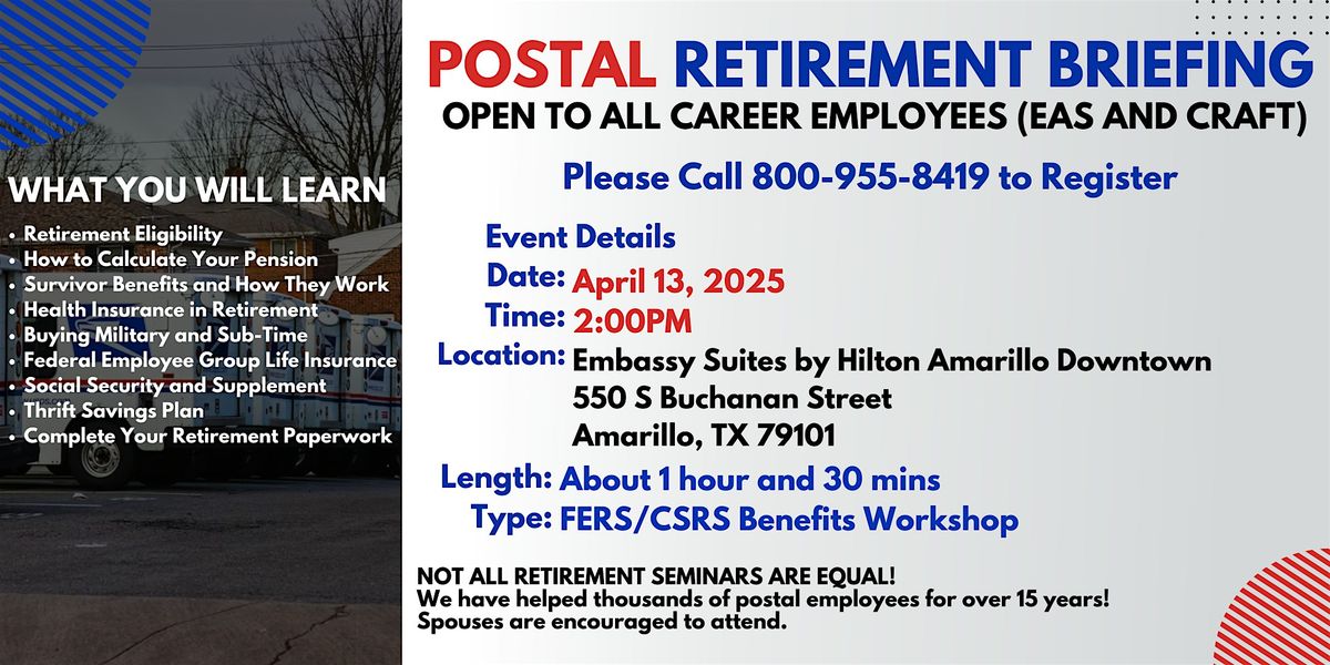 Postal Retirement Seminar Amarillo - 04/13/2025 at Embassy Suites by ...