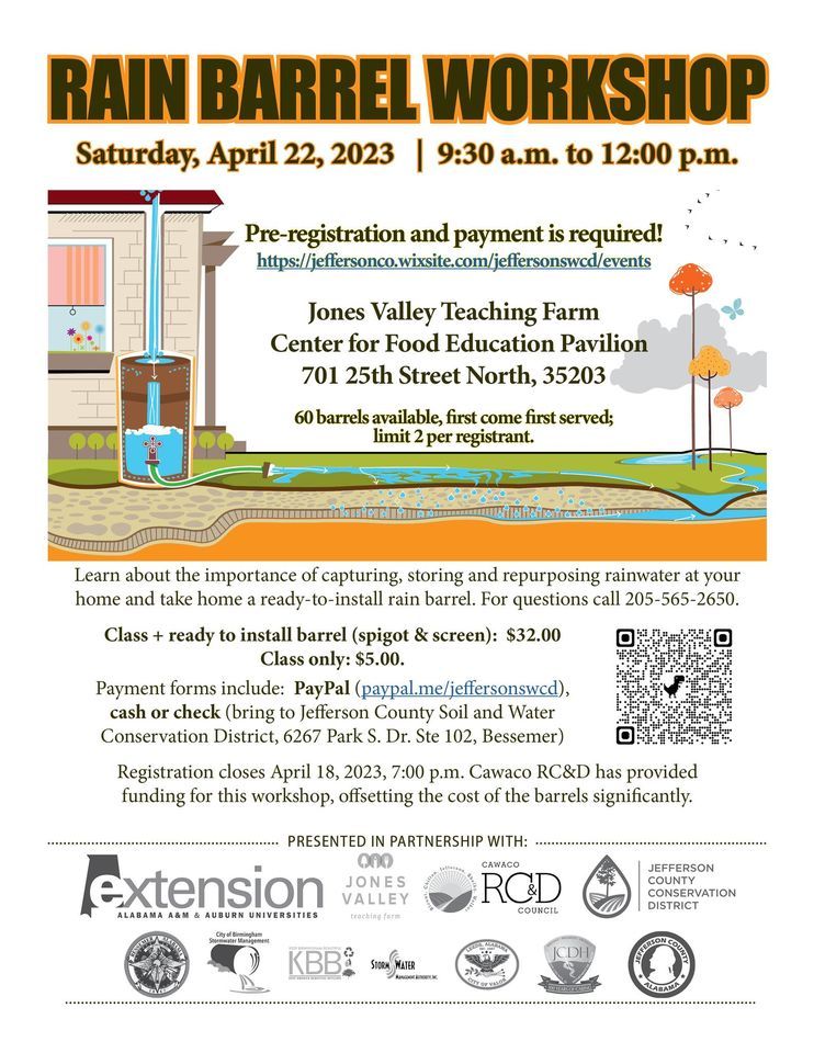 2023 Rain Barrel Workshop at Jones Valley Teaching Farm, Birmingham on 22nd April, 2023