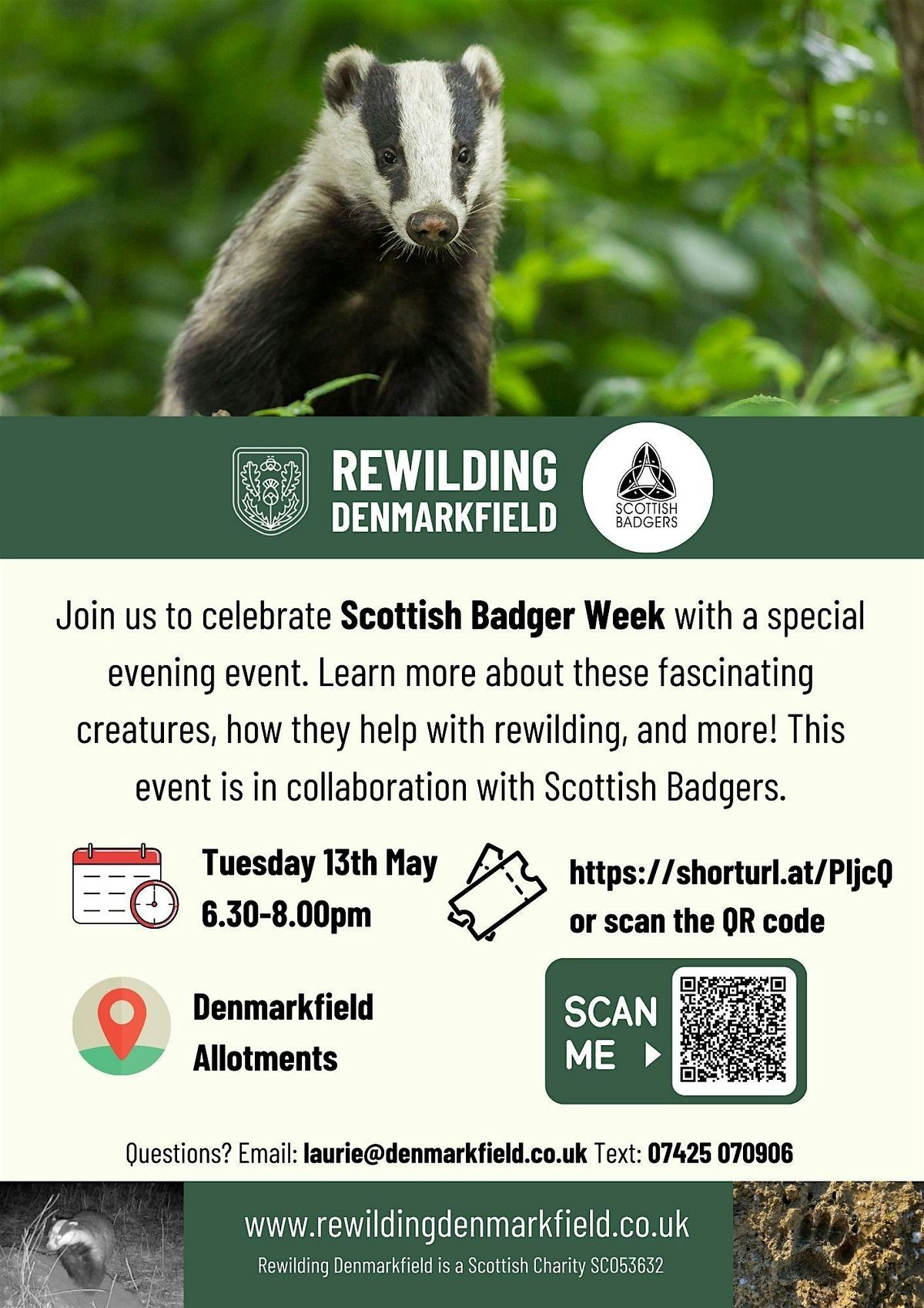 Getting to know badgers at Rewilding Denmarkfield at Denmarkfield Allotments, Perth on 13th May ...