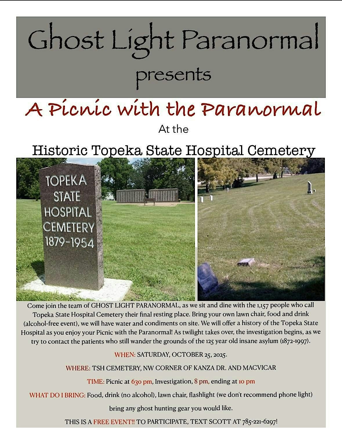 "Picnic with the Paranormal at the Topeka State Hospital Cemetery at ...
