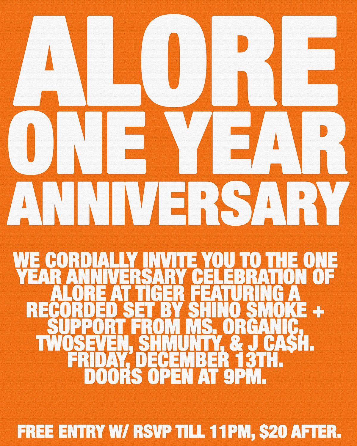 ALORE ONE YEAR ANNIVERSARY @ TIGER // FRIDAY, DECEMBER 13TH | Tiger ...