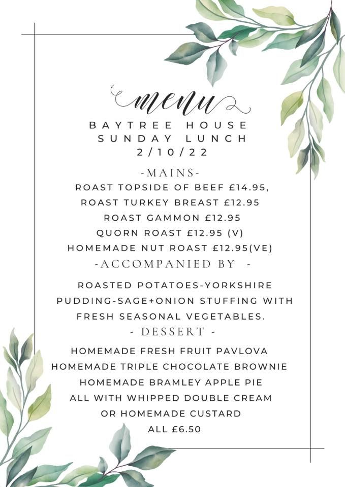 Roast Dinner Sunday 2nd October 2022 | Baytree House Lowestoft ...