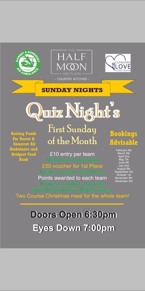 Half Moon Melplash Quiz | The Half Moon, Bridport, EN | May 7, 2023