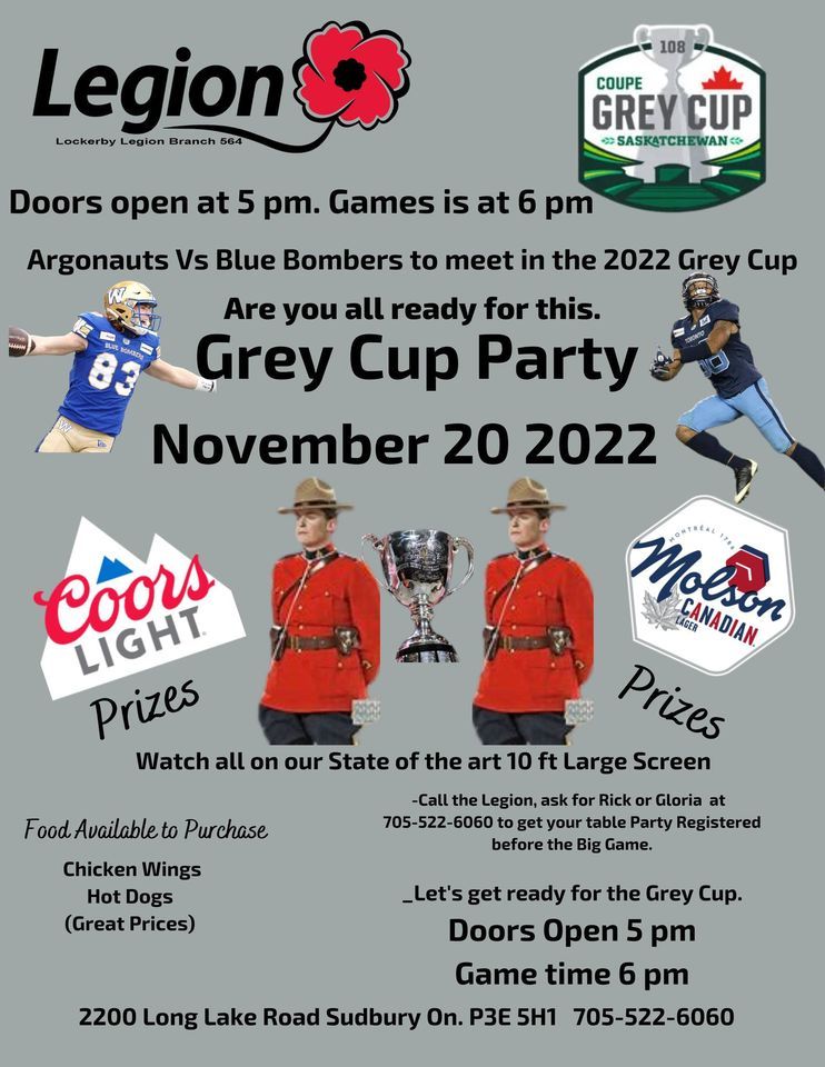 Lockerby Legion Br 564 Big Screen Event, Grey Cup 2022 ARGONAUTS Vs ...