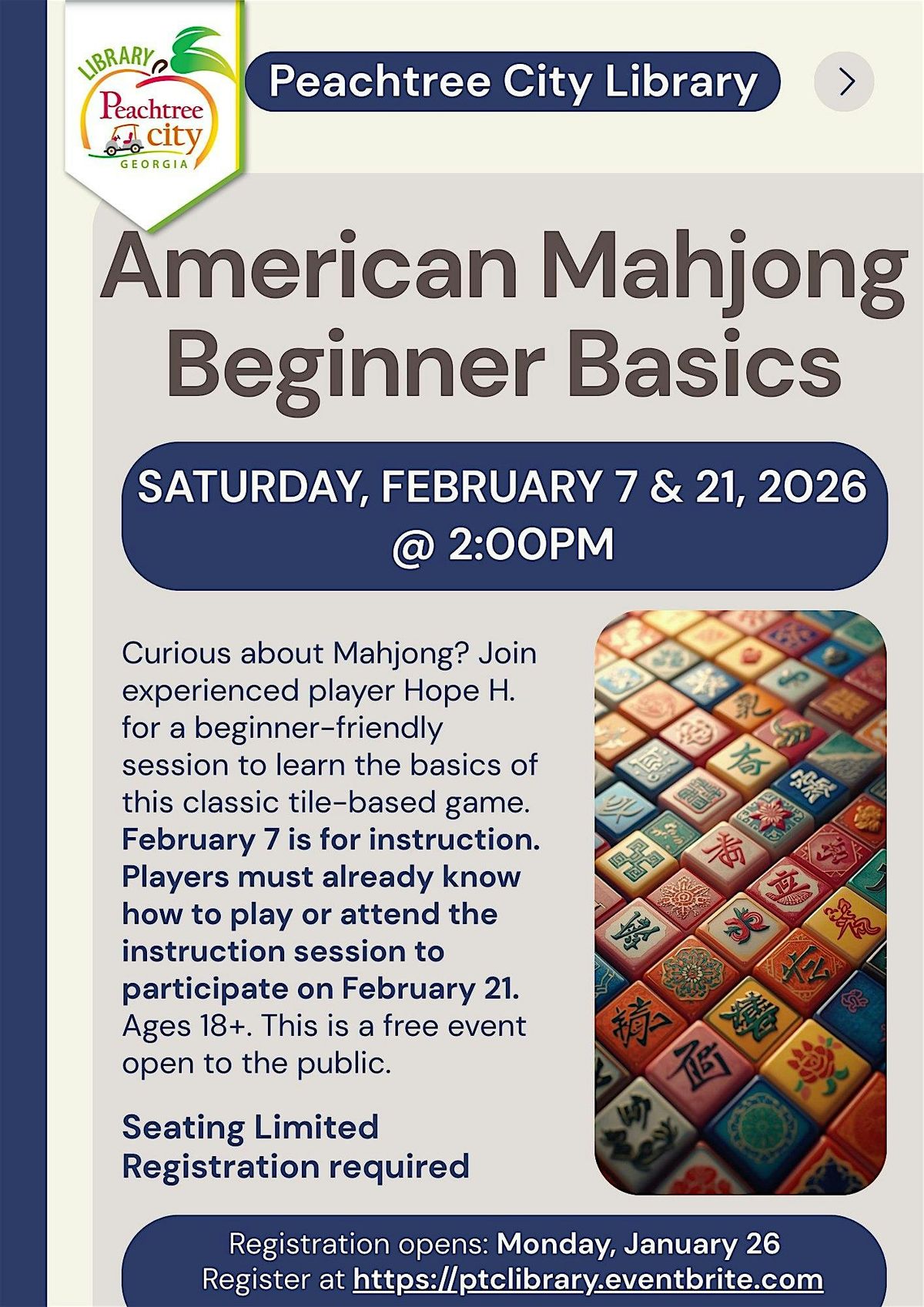 American Mahjong Beginner Basics - February 2026 at Peachtree City ...